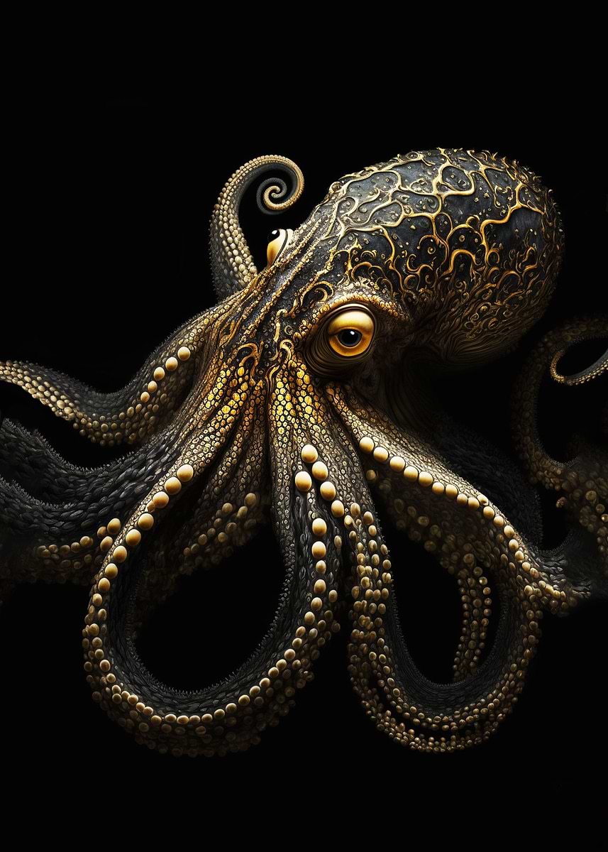 'Black and Gold Octopus' Poster, picture, metal print, paint by ...