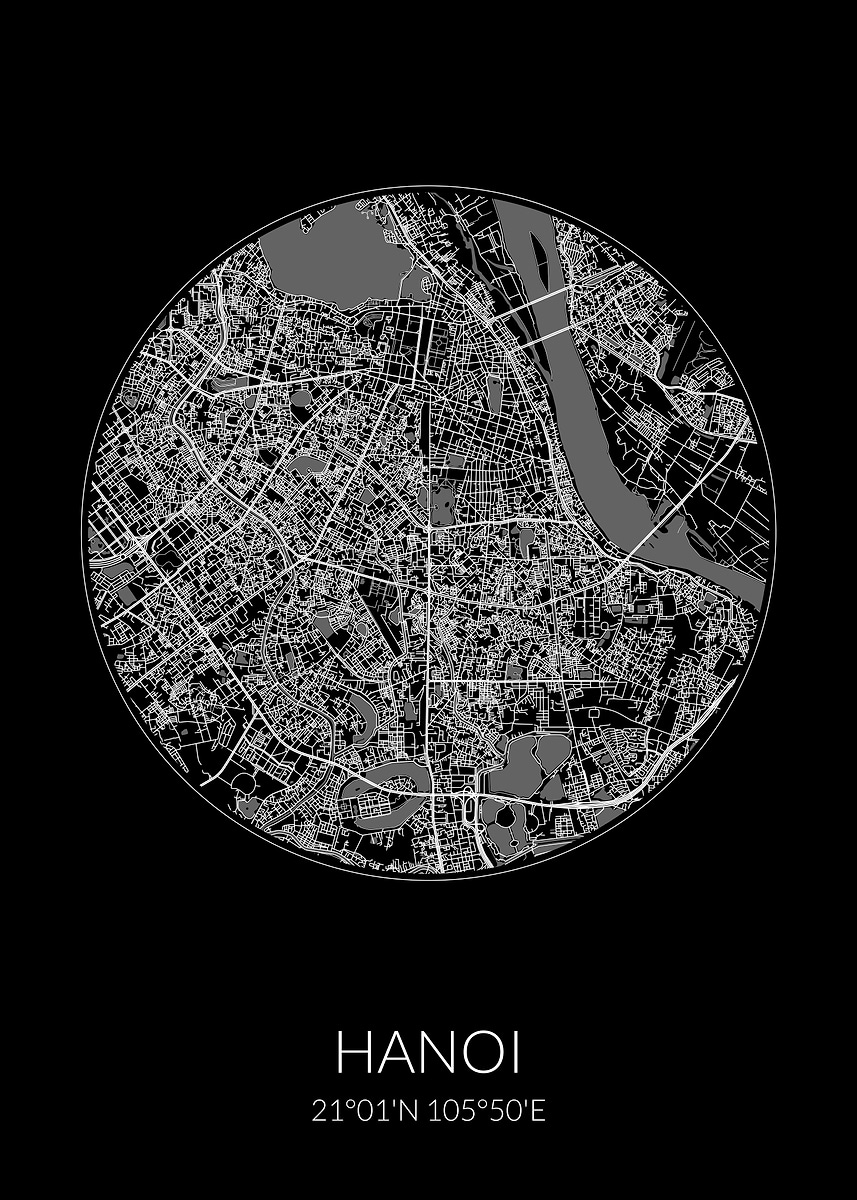 'Hanoi City Map Black' Poster, picture, metal print, paint by dkDesign ...