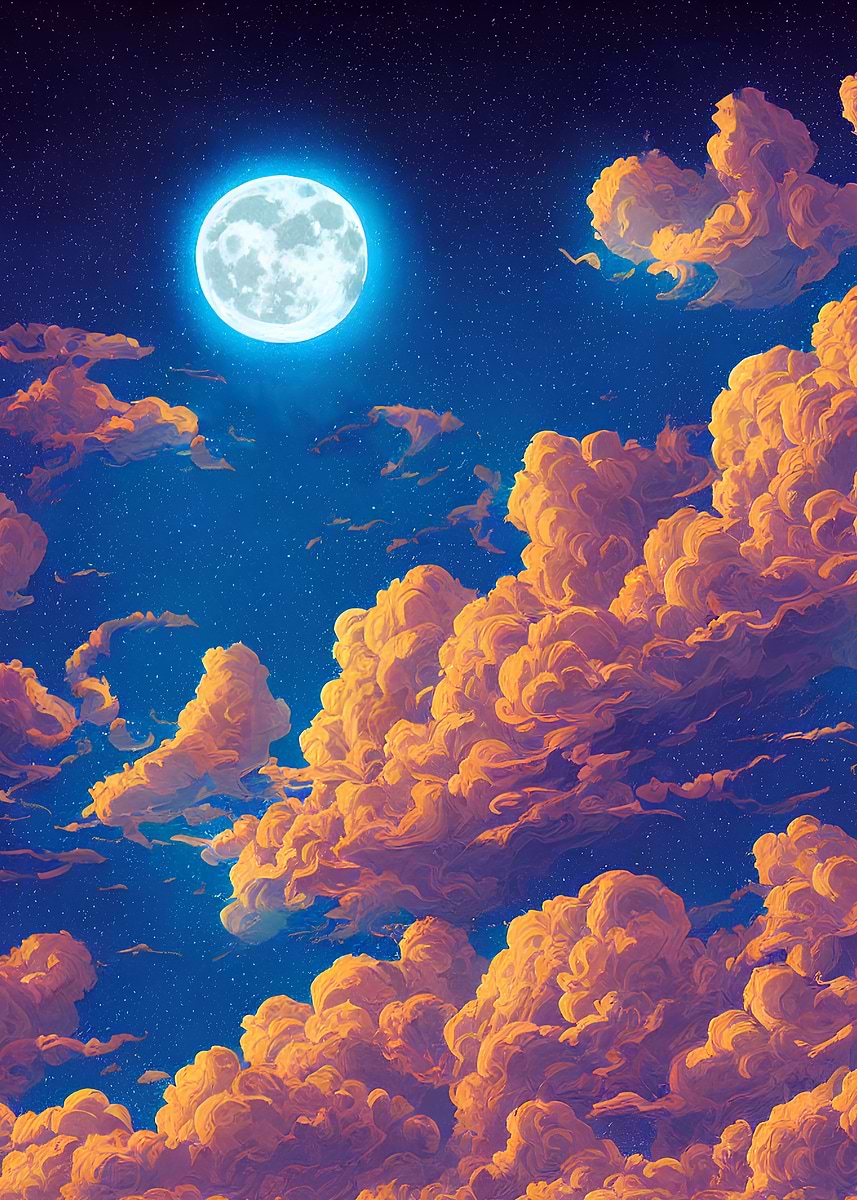'Moon and orange clouds' Poster, picture, metal print, paint by Mohamed ...