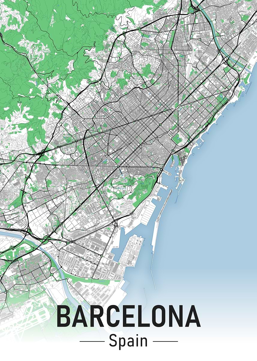 'Barcelona City Map' Poster, picture, metal print, paint by TomGeo ...