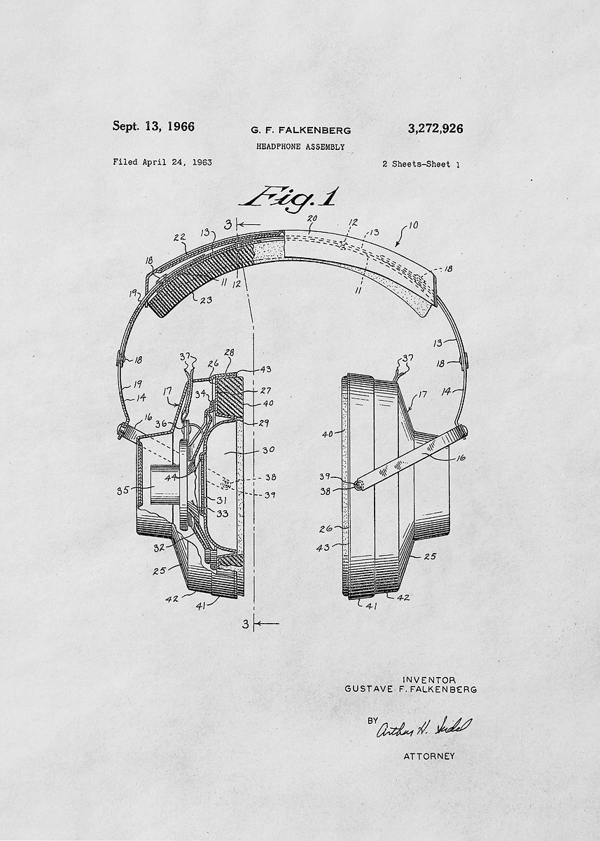 'Retro Headphones Blueprint' Poster, picture, metal print, paint by ...