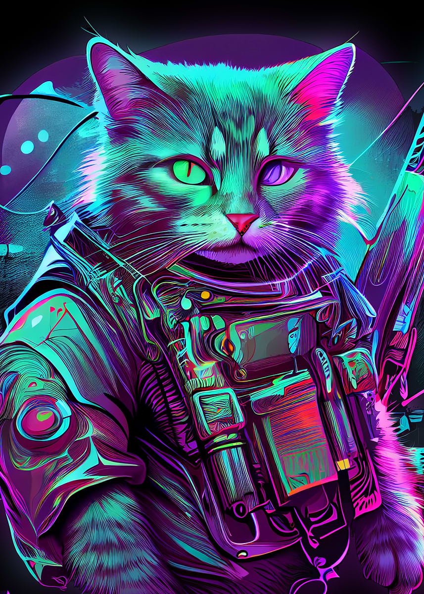 'Chat Synthwave' Poster, picture, metal print, paint by Anawix4X | Displate