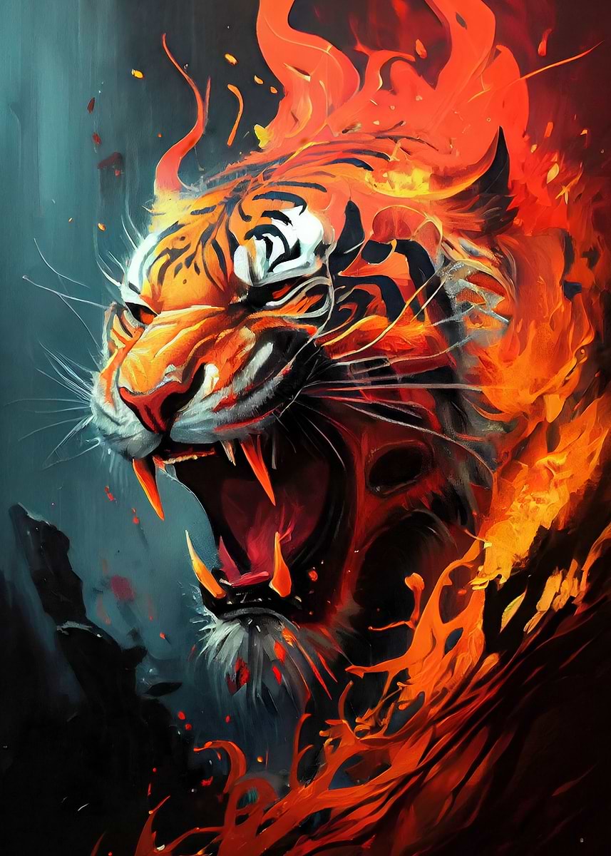'Fire Tiger' Poster, picture, metal print, paint by Qrisio | Displate