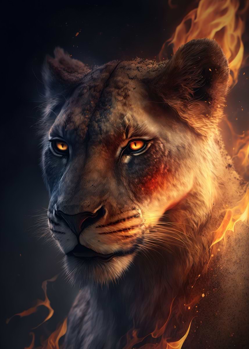 'Fire Lioness' Poster, picture, metal print, paint by Zenz | Displate