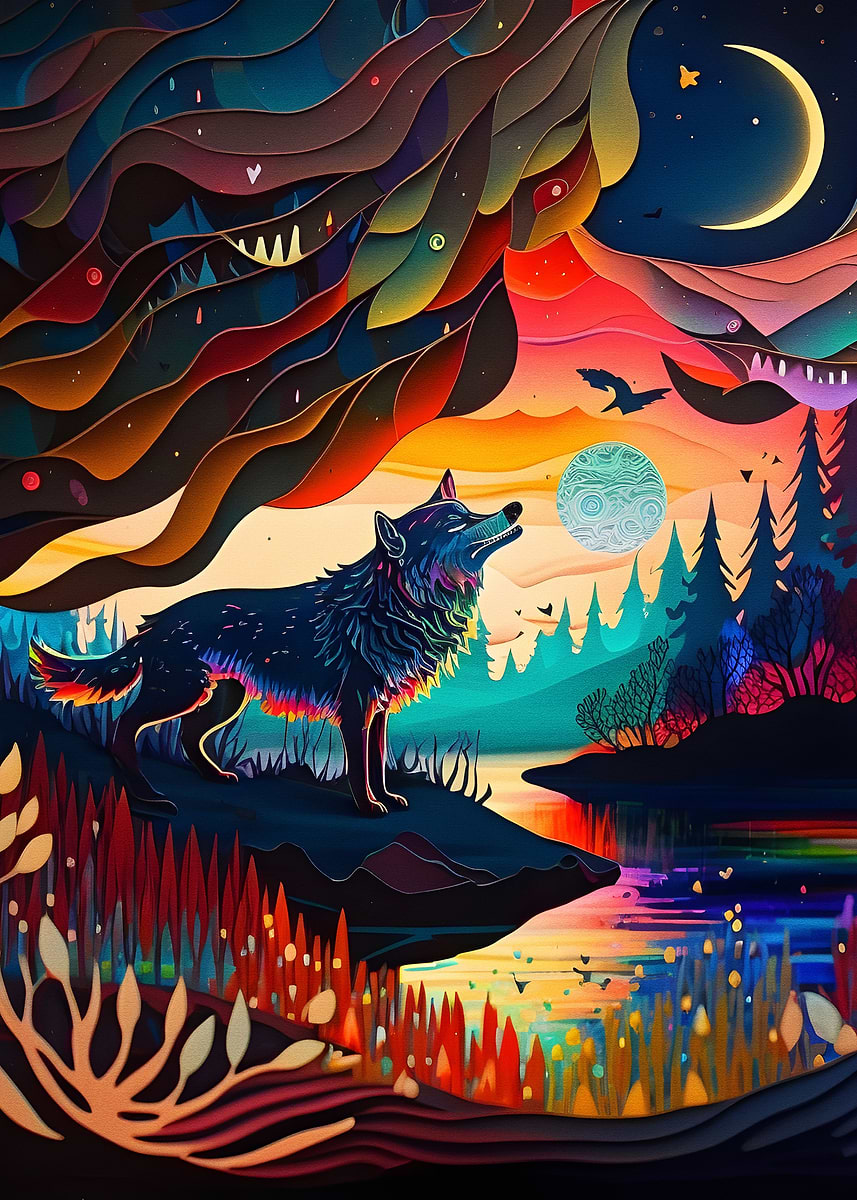 'colorful abstract wolf' Poster, picture, metal print, paint by ...