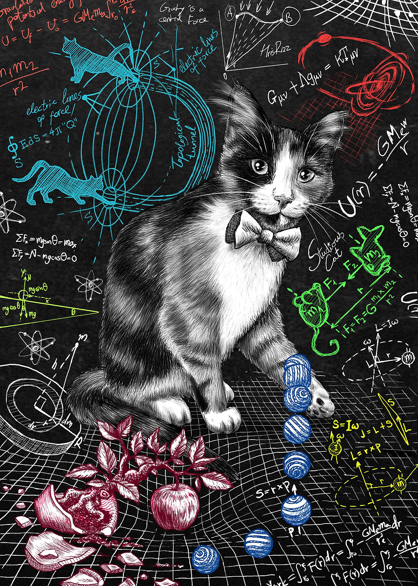 'Cat Studying Gravity B' Poster, picture, metal print, paint by Hris ...