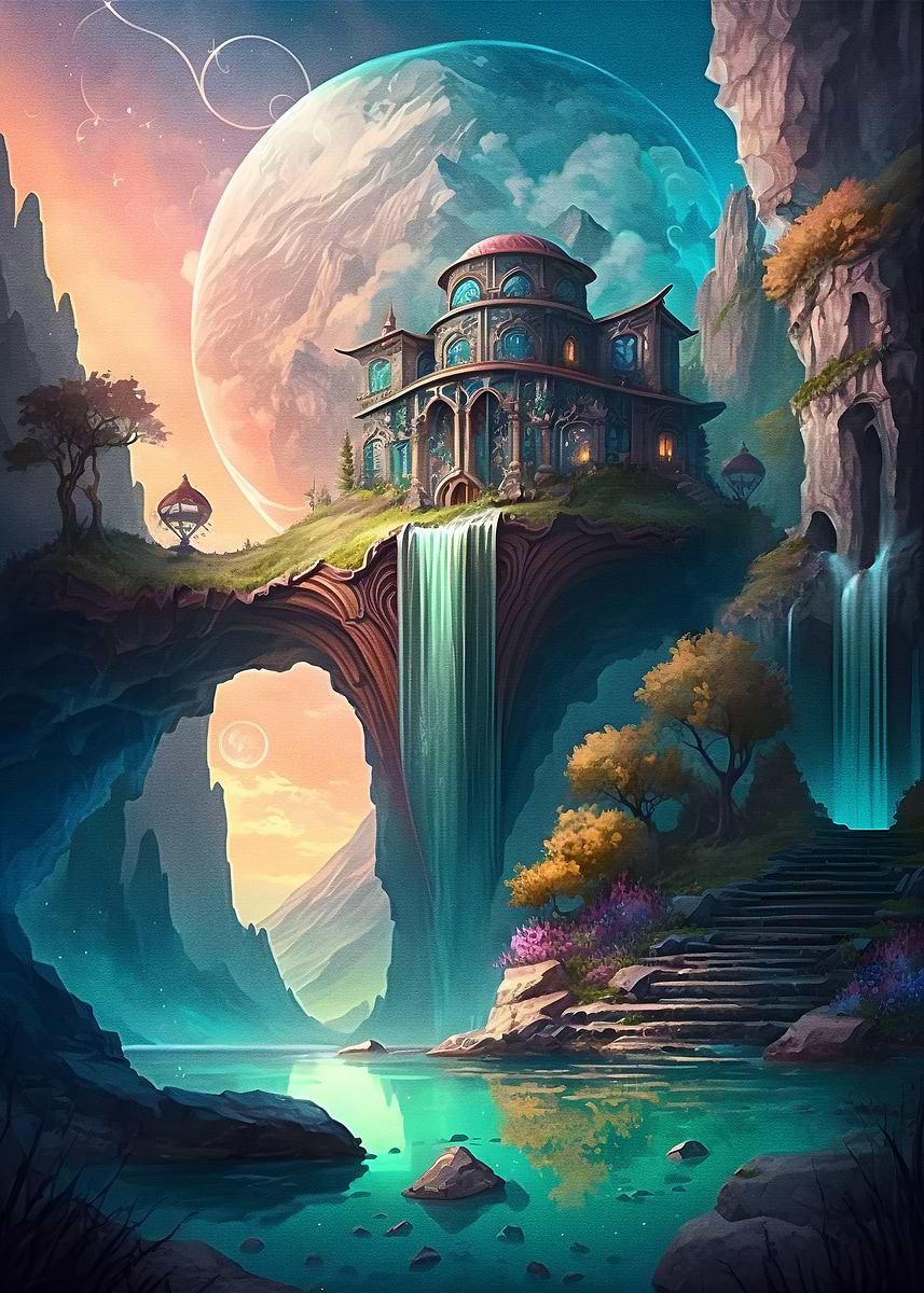 'Palace and waterfall' Poster, picture, metal print, paint by Muhammad ...