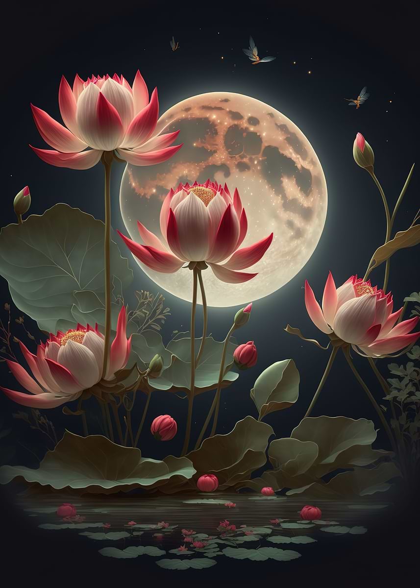 'Lotus and moon' Poster, picture, metal print, paint by Peter Li | Displate