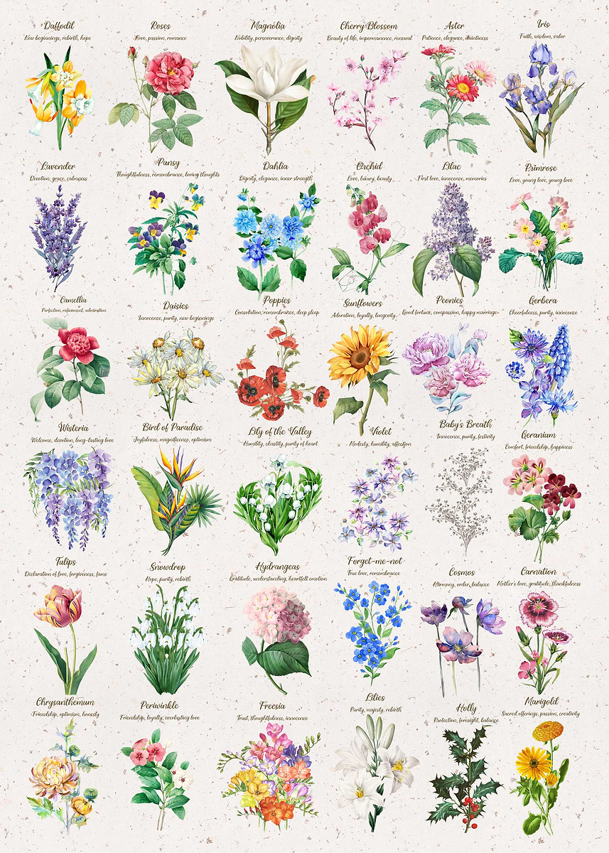 'Language of Flowers Chart' Poster, picture, metal print, paint by ...