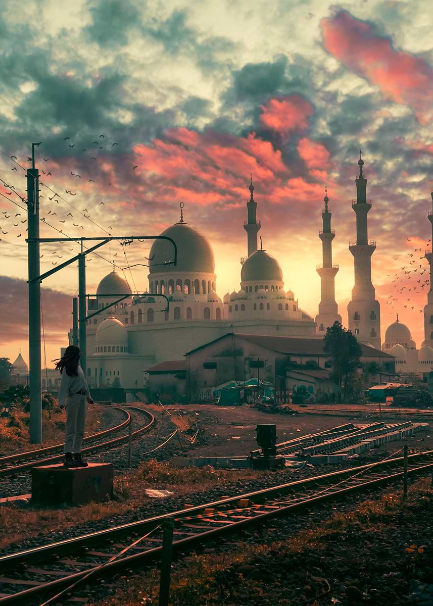 'Beautiful sunset mosque' Poster, picture, metal print, paint by ...