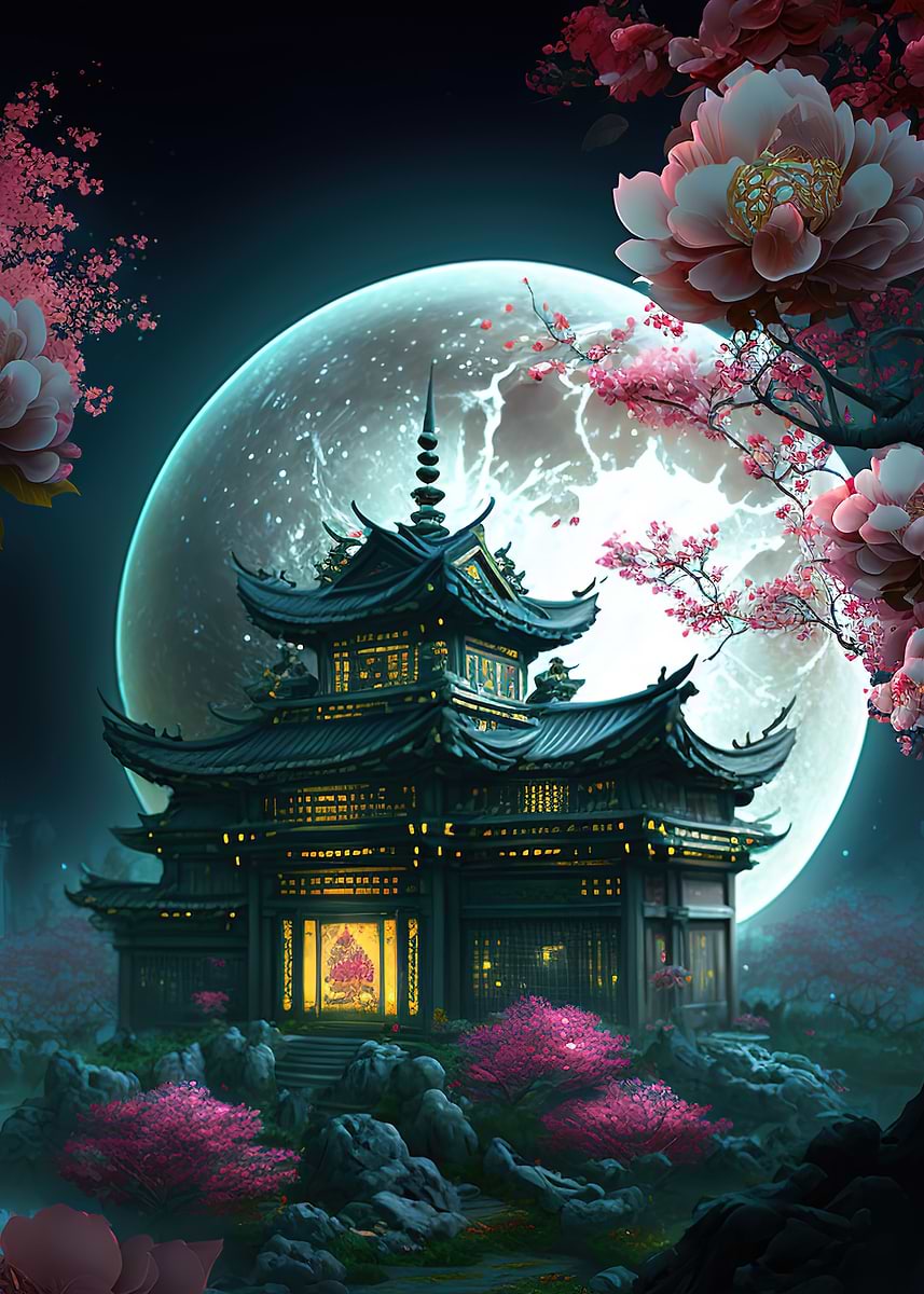 'chinese palace moon' Poster, picture, metal print, paint by Coral Blackwell | Displate