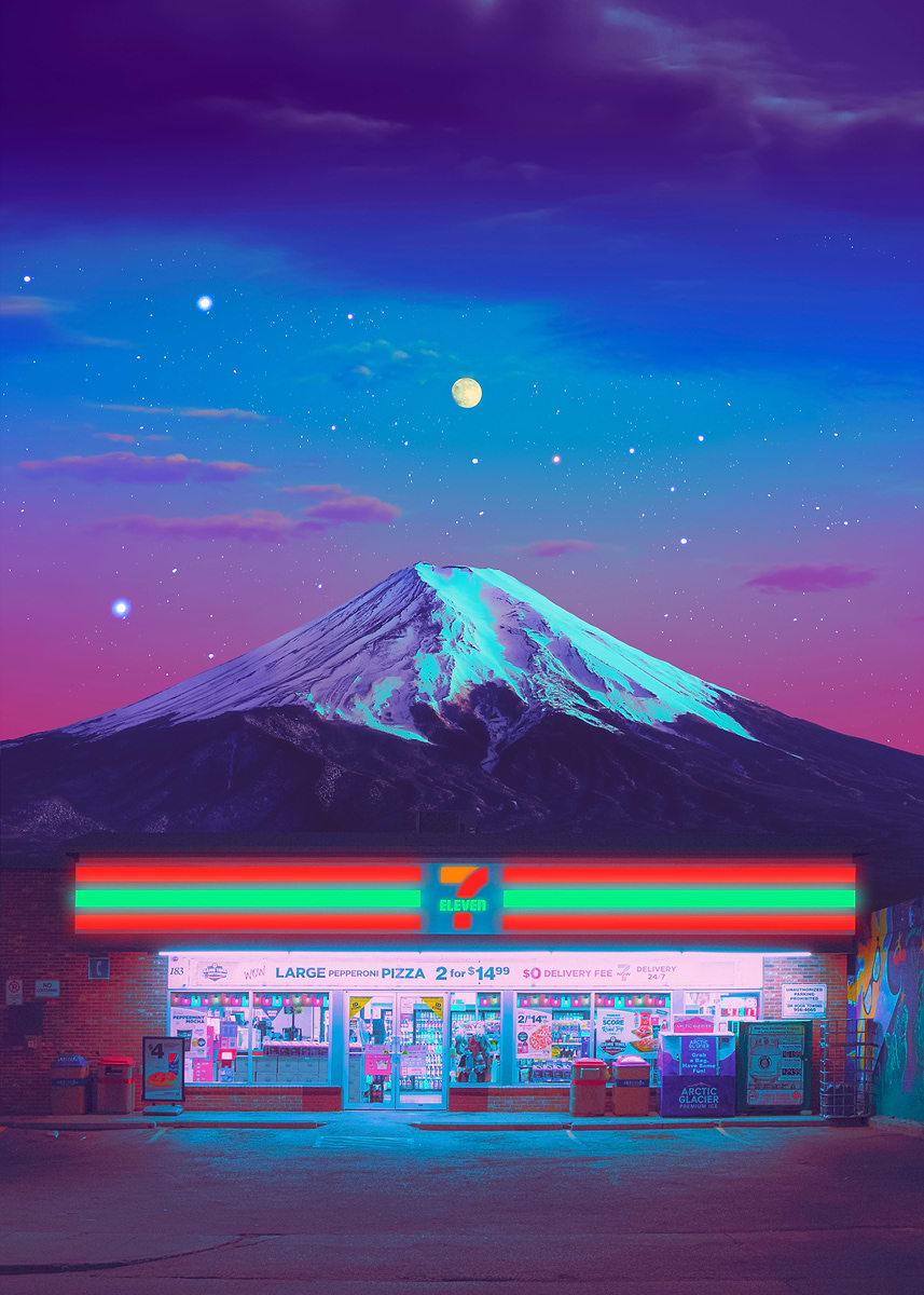 'Fuji and 7 Eleven Store' Poster, picture, metal print, paint by ...