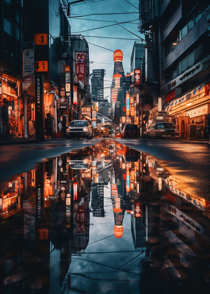 'Tokyo Water Reflections' Poster, picture, metal print, paint by ...