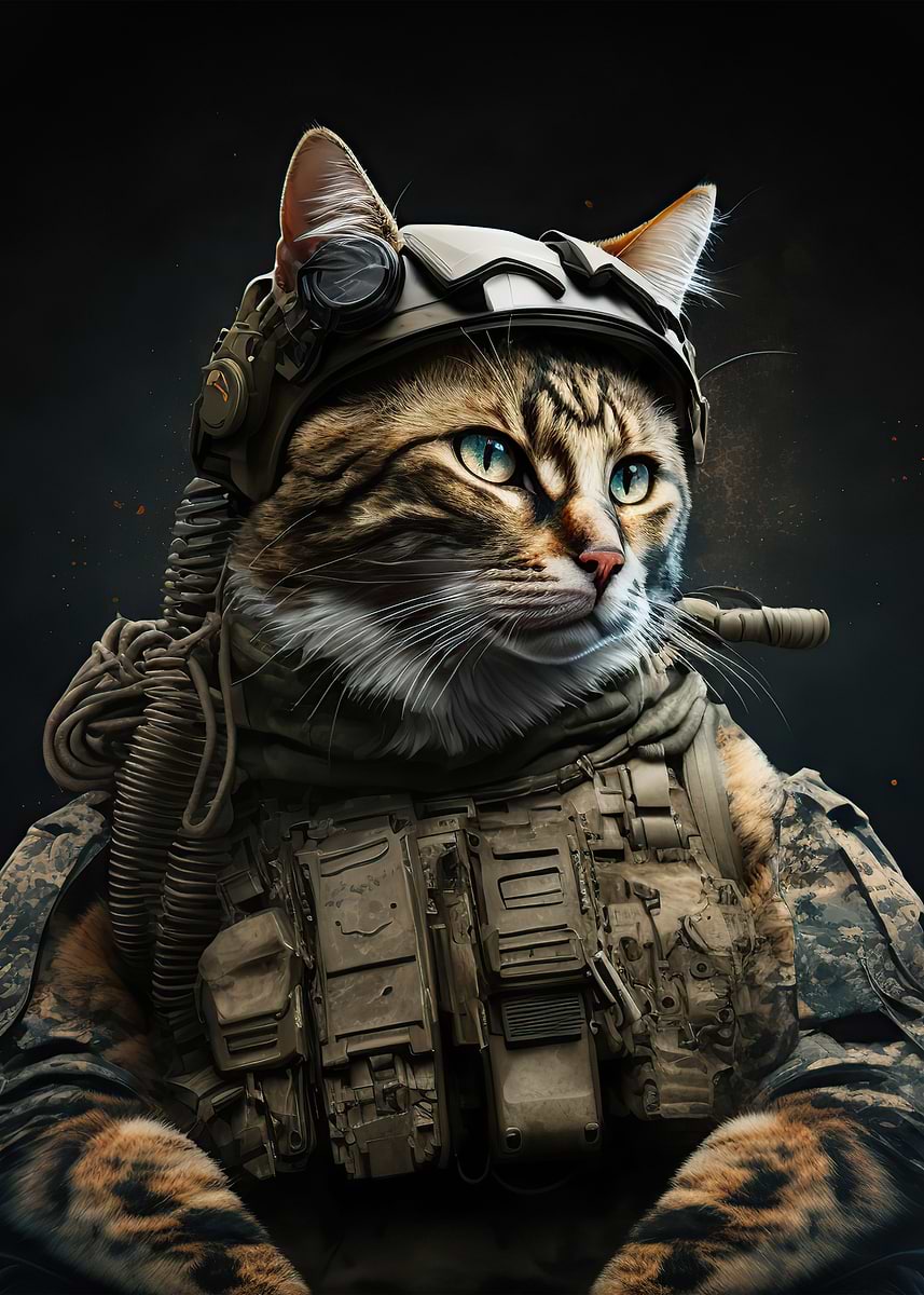 'Military Cat animal' Poster, picture, metal print, paint by Rida Santos | Displate