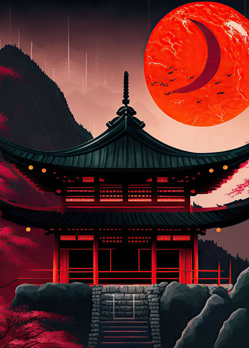 'Red Moon Japan' Poster, picture, metal print, paint by Coral Blackwell ...