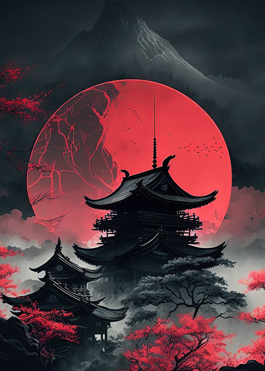 'Red Moon Japan' Poster, picture, metal print, paint by Coral Blackwell ...