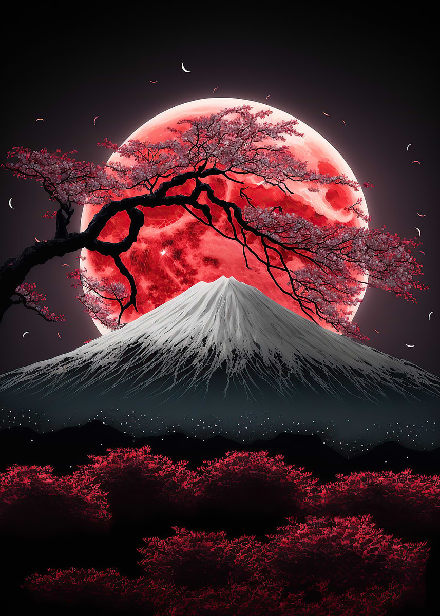 'Red Moon Japan' Poster, picture, metal print, paint by Coral Blackwell ...
