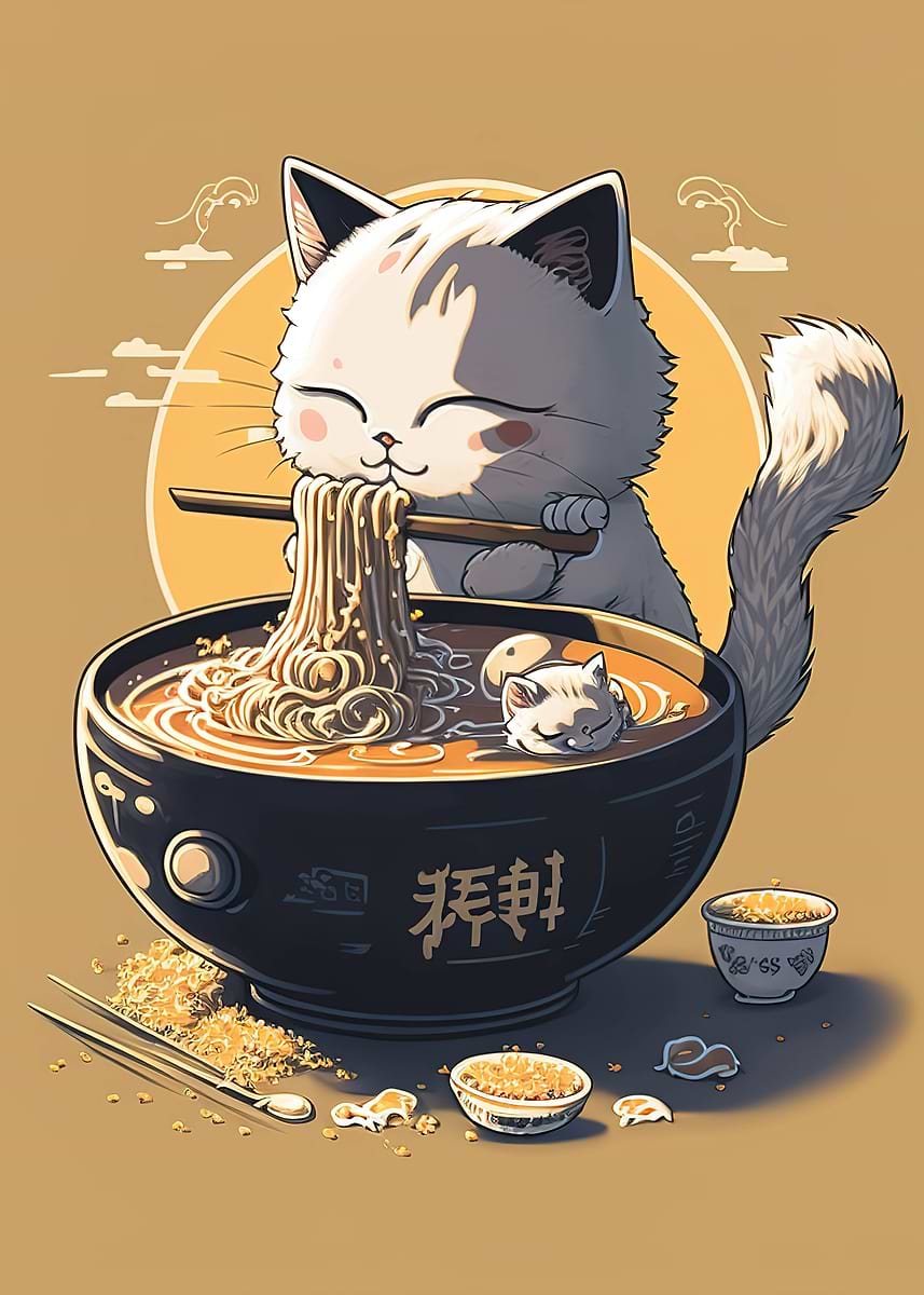 'cat ramen japan' Poster, picture, metal print, paint by Zachariah ...