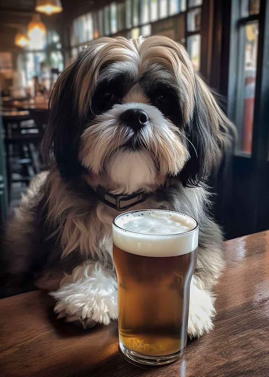 'Cute dog drinking beer' Poster, picture, metal print, paint by ...