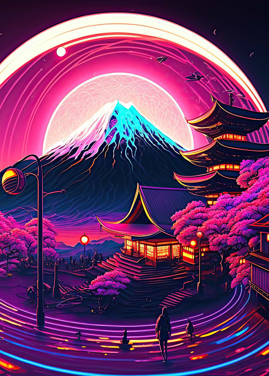 'Japanese Landscape Neon' Poster, picture, metal print, paint by Agnes ...