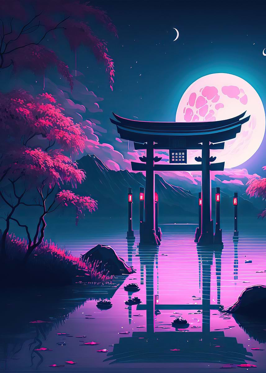 'Japanese Landscape Neon' Poster, picture, metal print, paint by Agnes ...