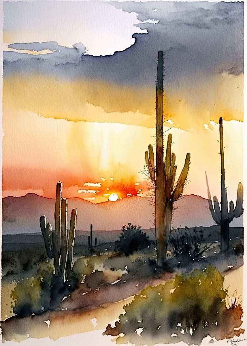 'Desert Sunset Watercolor' Poster, picture, metal print, paint by Nick ...