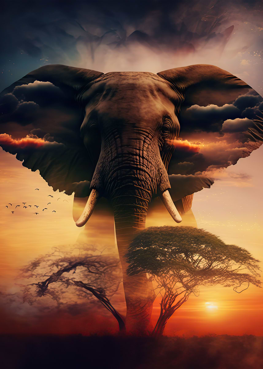 'Elephant Sunset Animal' Poster, picture, metal print, paint by Leigh ...