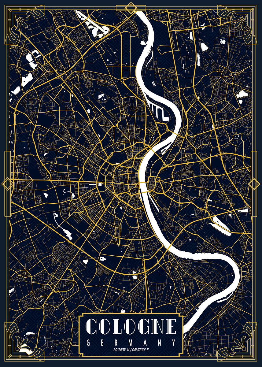 'Cologne City Map Gold' Poster, picture, metal print, paint by deMAP ...