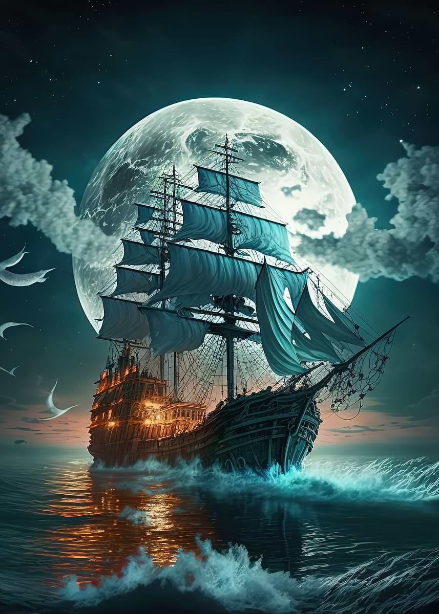 'boat moon night ' Poster, picture, metal print, paint by DEMON SPACE ...