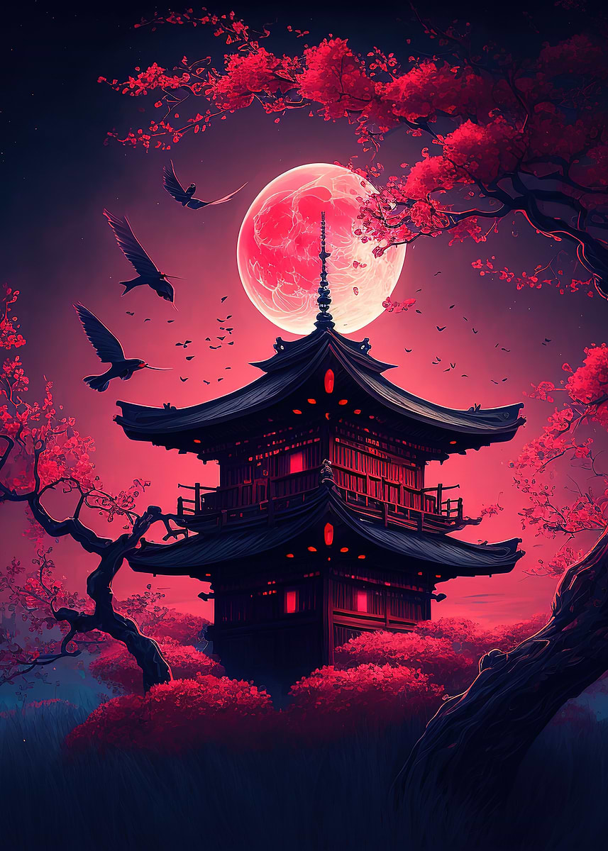 'japanese landscape moon ' Poster, picture, metal print, paint by Coral ...