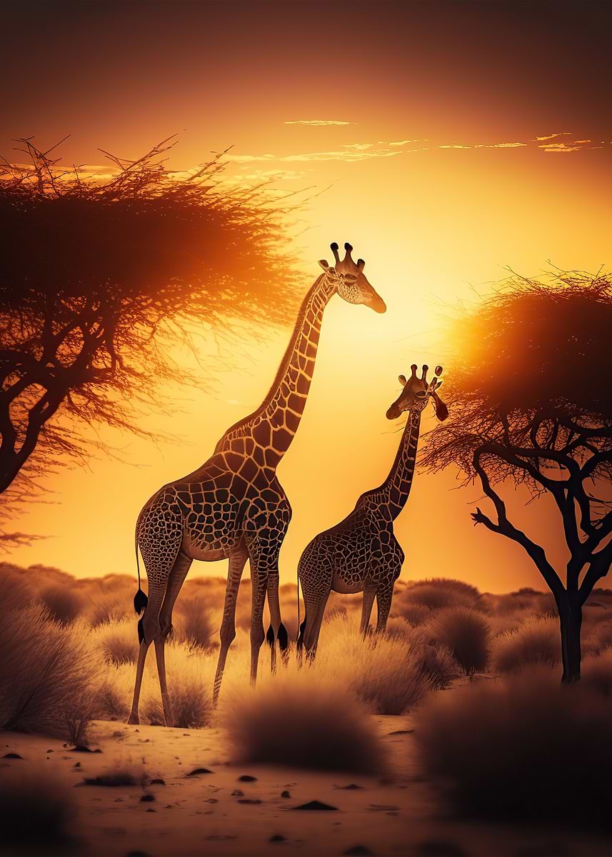 'giraffe animal sunset' Poster, picture, metal print, paint by Leigh ...
