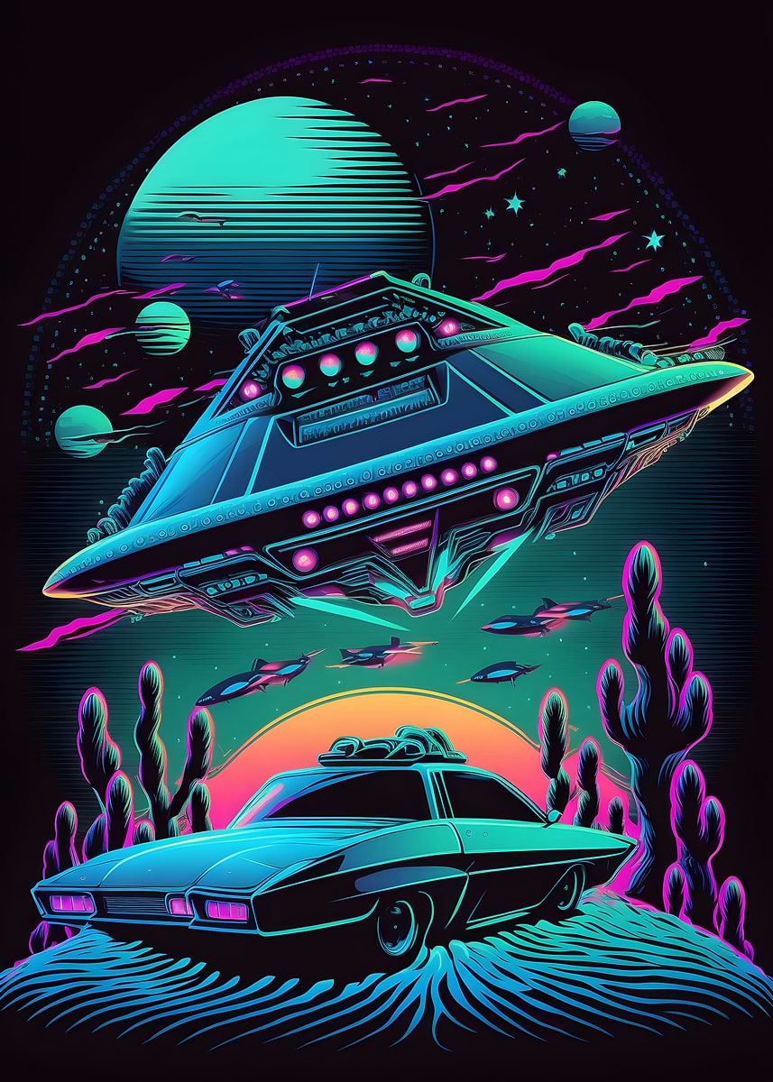 'UFO and Car Retro Poster' Poster, picture, metal print, paint by ...