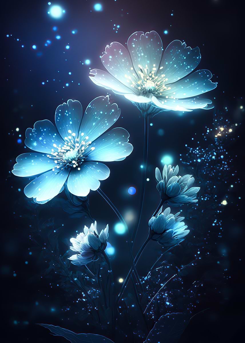 'Blue Neon Flowers' Poster, picture, metal print, paint by Sohail Rees ...