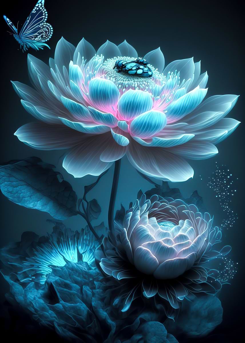 'Blue Neon Flowers' Poster, picture, metal print, paint by Sohail Rees ...