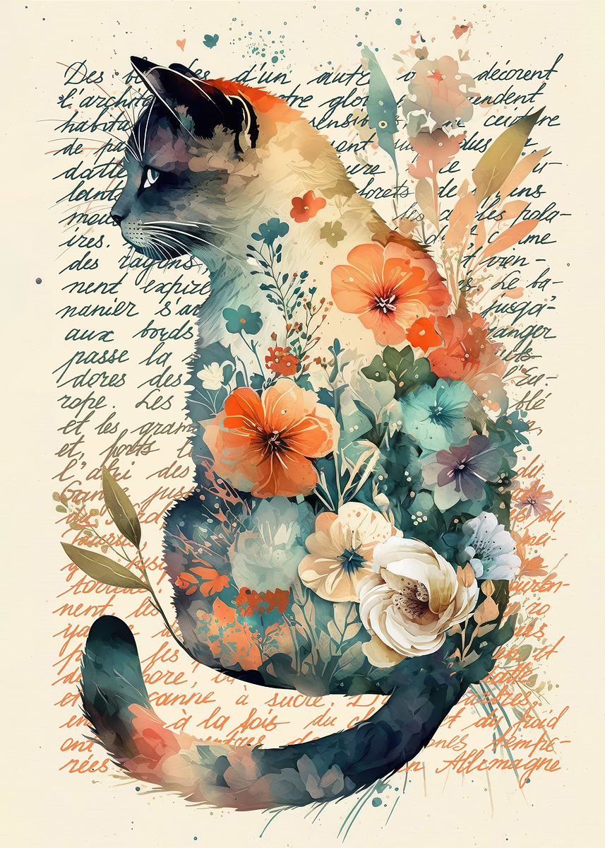 'Floral Typography cat' Poster, picture, metal print, paint by Thierry ...