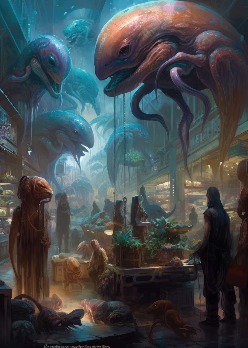 'Bustling Alien Marketplace' Poster, picture, metal print, paint by ...