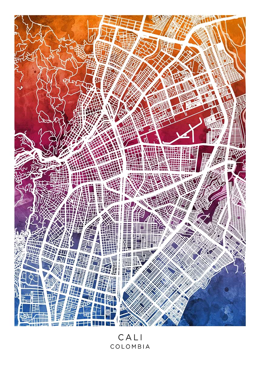 'Cali Colombia Map' Poster, picture, metal print, paint by Michael ...