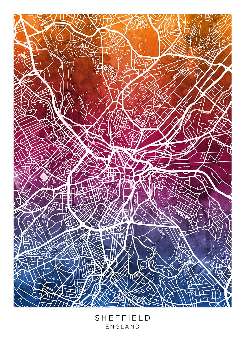 'Sheffield England Map' Poster, picture, metal print, paint by Michael ...