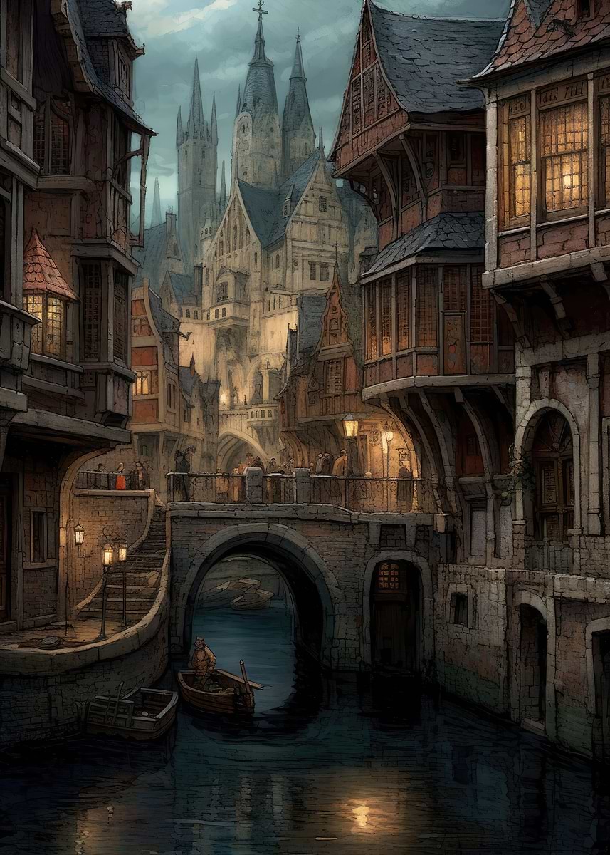 'Medieval City by night' Poster, picture, metal print, paint by ...