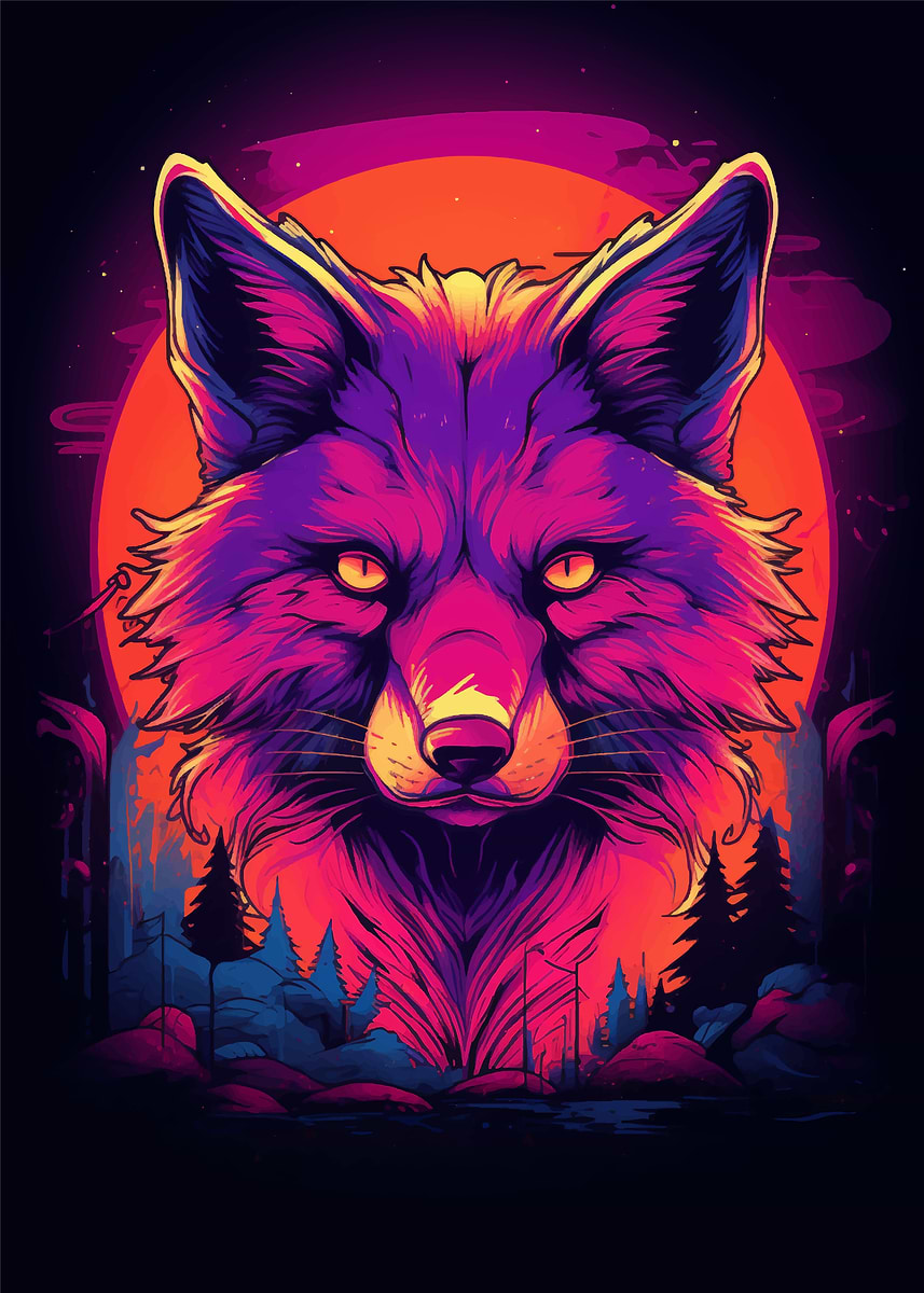 'Head Of Fox Retro Sunset' Poster, picture, metal print, paint by ...