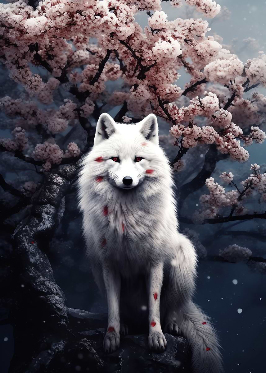 'Floral Cherry White Fox' Poster, picture, metal print, paint by Pixel ...