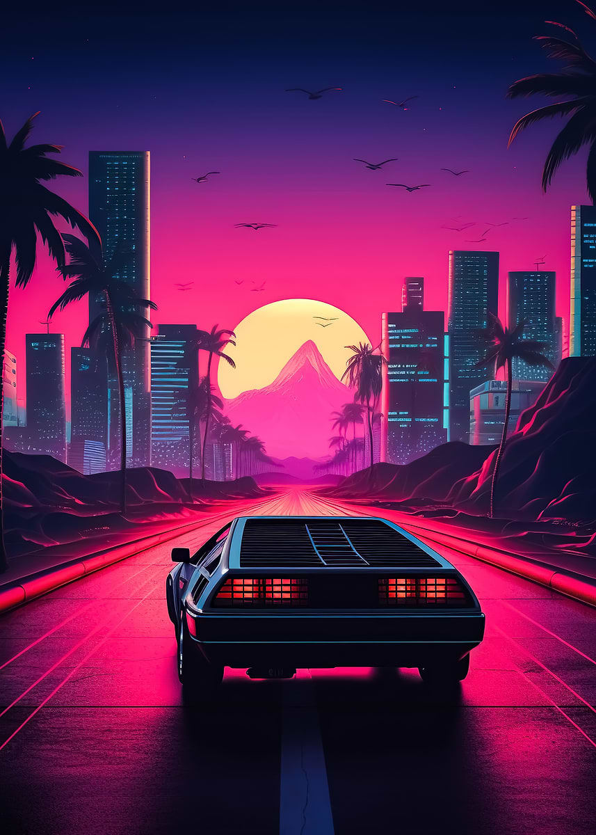 'Retro Miami Neon Sunset' Poster, picture, metal print, paint by ...