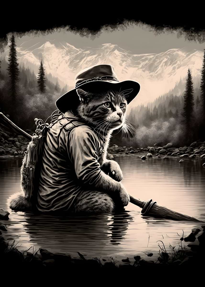 'Cat in a Lake Fishing' Poster, picture, metal print, paint by Chris ...