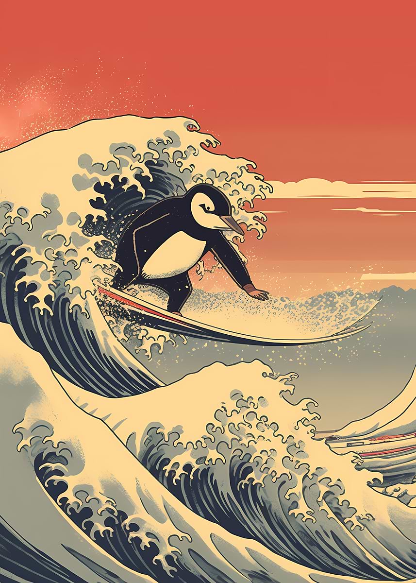 'Surfer Penguin Kaganawa' Poster, picture, metal print, paint by ...