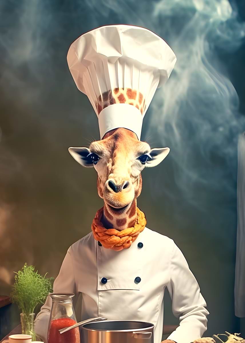 'Giraffe cooking kitchen' Poster, picture, metal print, paint by ...