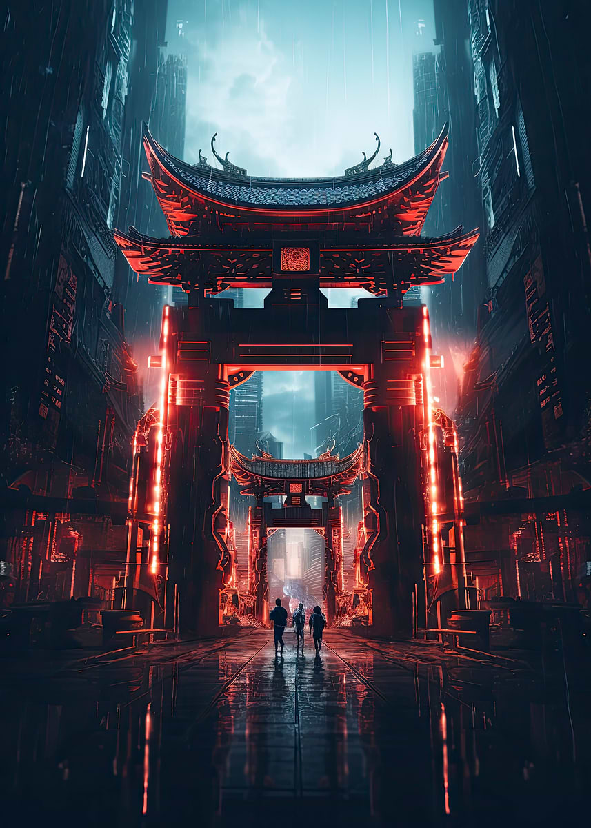'Cyberpunk Gate' Poster, picture, metal print, paint by KyzArt | Displate