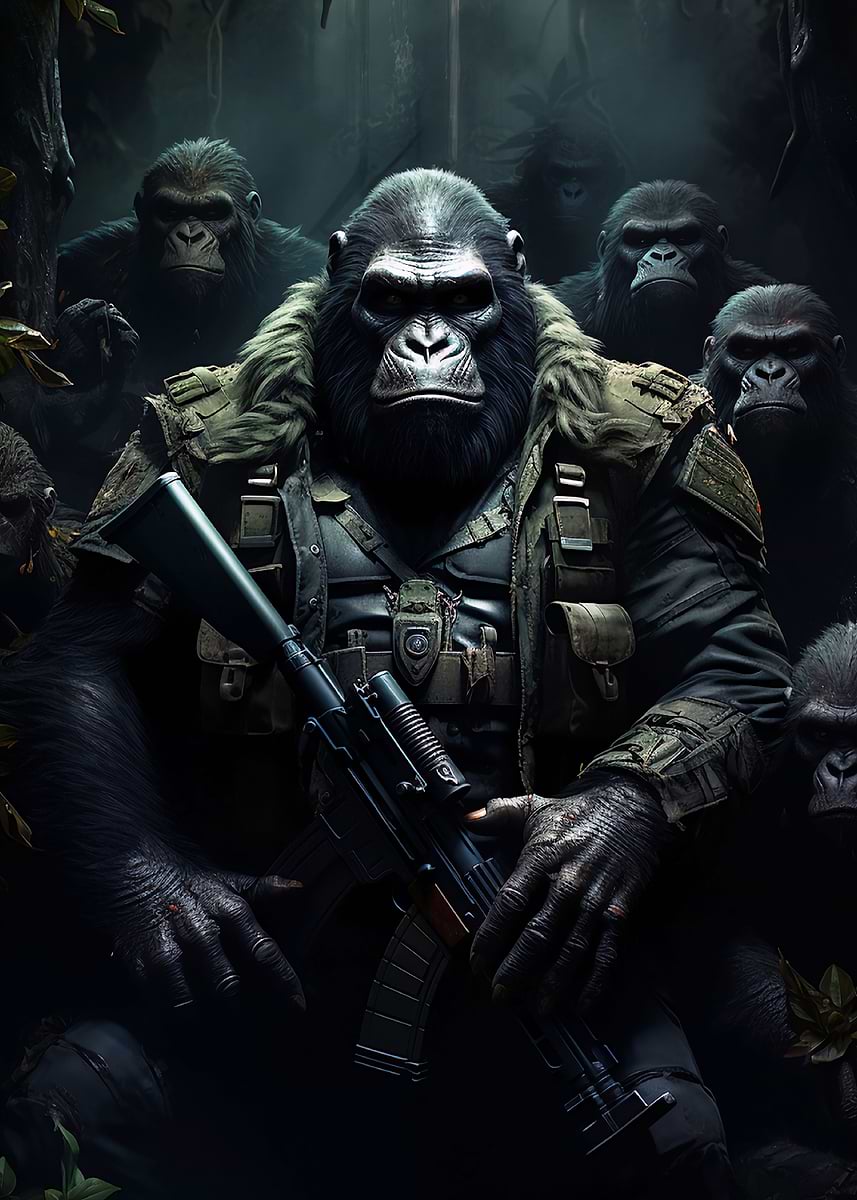 'Gorilla Warfare' Poster, picture, metal print, paint by Notorious Productions | Displate