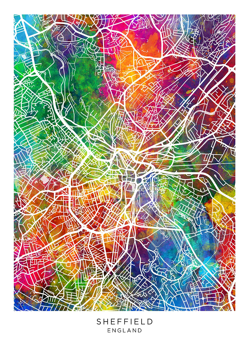 'Sheffield England Map' Poster, picture, metal print, paint by Michael ...