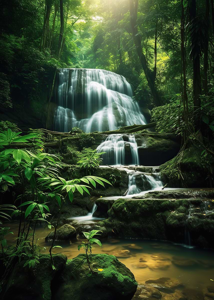 'waterfall in forest nature' Poster, picture, metal print, paint by ...