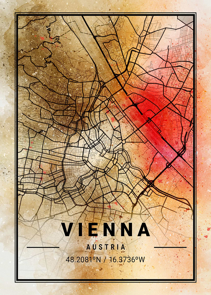 'Vienna Ara Watercolor Map' Poster, picture, metal print, paint by Tien ...